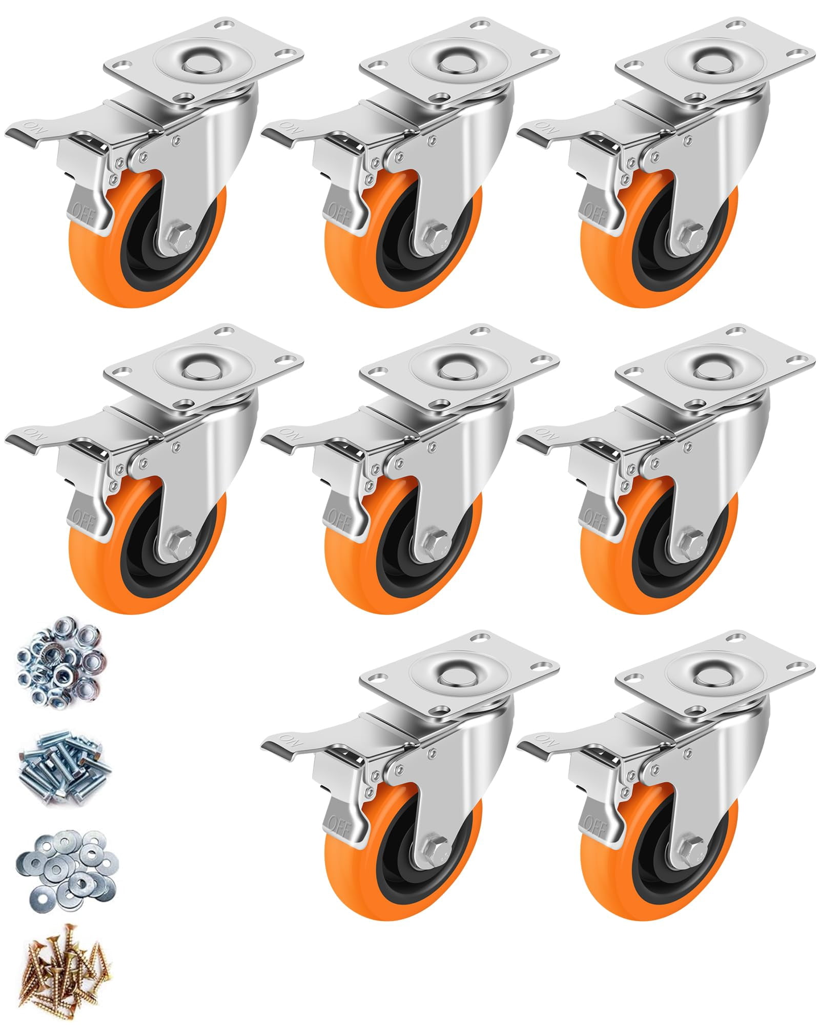 4 Inch 8-Pack(Orange) Caster Wheels Heavy Duty Dual Pedal Locking ...