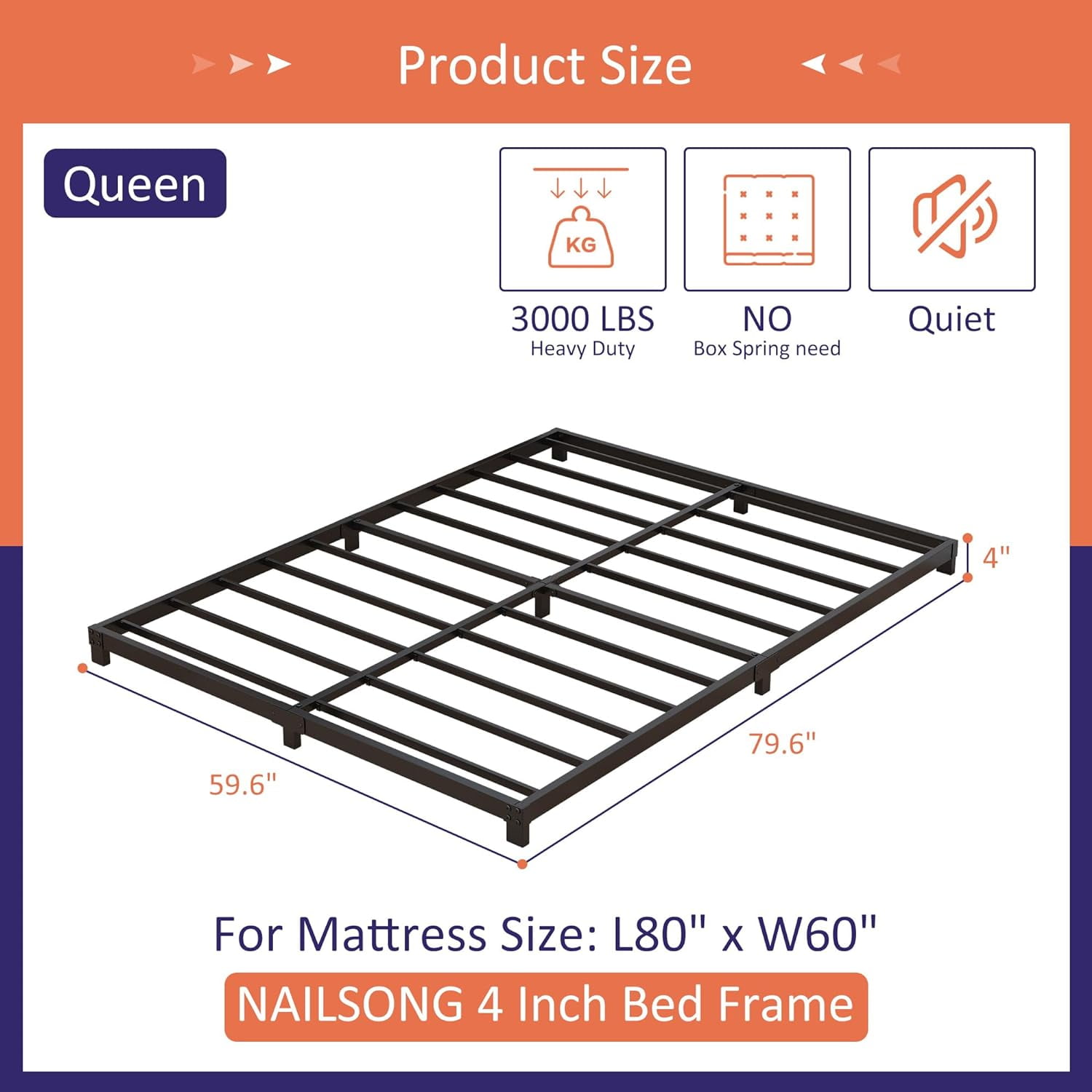 4 Inch Bed Frame Queen Size Low , Queen Bed Frame No Box Spring Needed ...