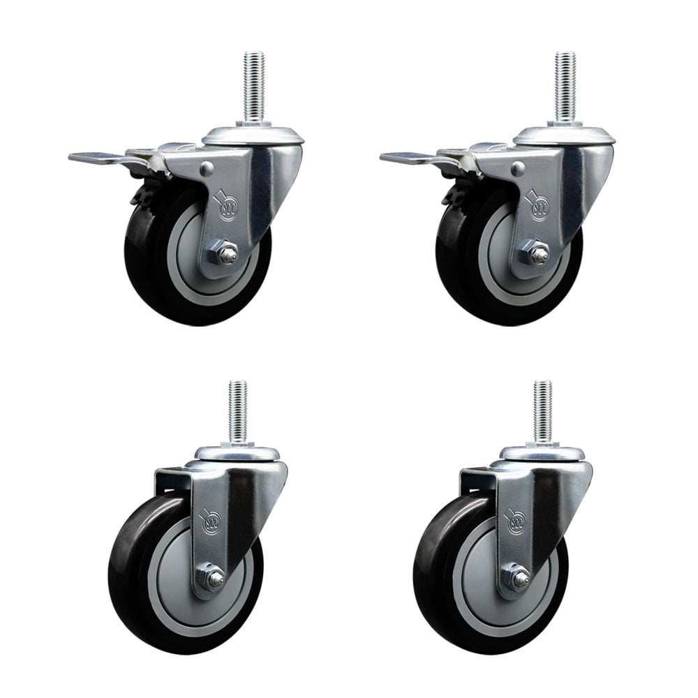 4 Inch Black Poly Swivel 5/8 Inch Threaded Stem Caster Set 2 Total Lock ...