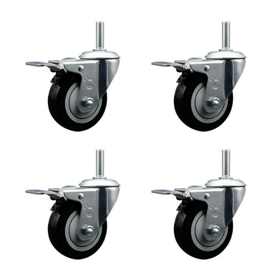 4 Inch Black Poly Swivel 5/8 Inch Threaded Stem Caster Set with Total ...