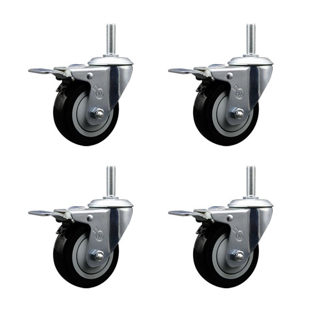4 Inch Black Poly Swivel 5/8 Inch Threaded Stem Caster Set with Total ...