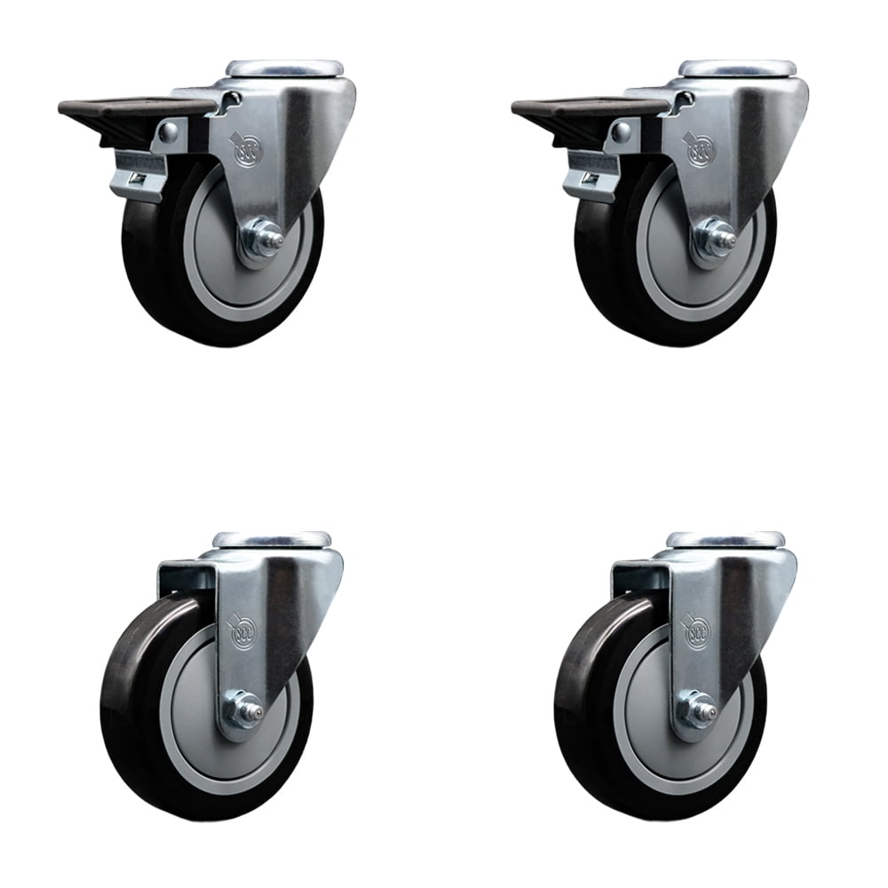 4 Inch Black Poly Wheel Swivel Bolt Hole Caster Set with 2 Posi Lock ...