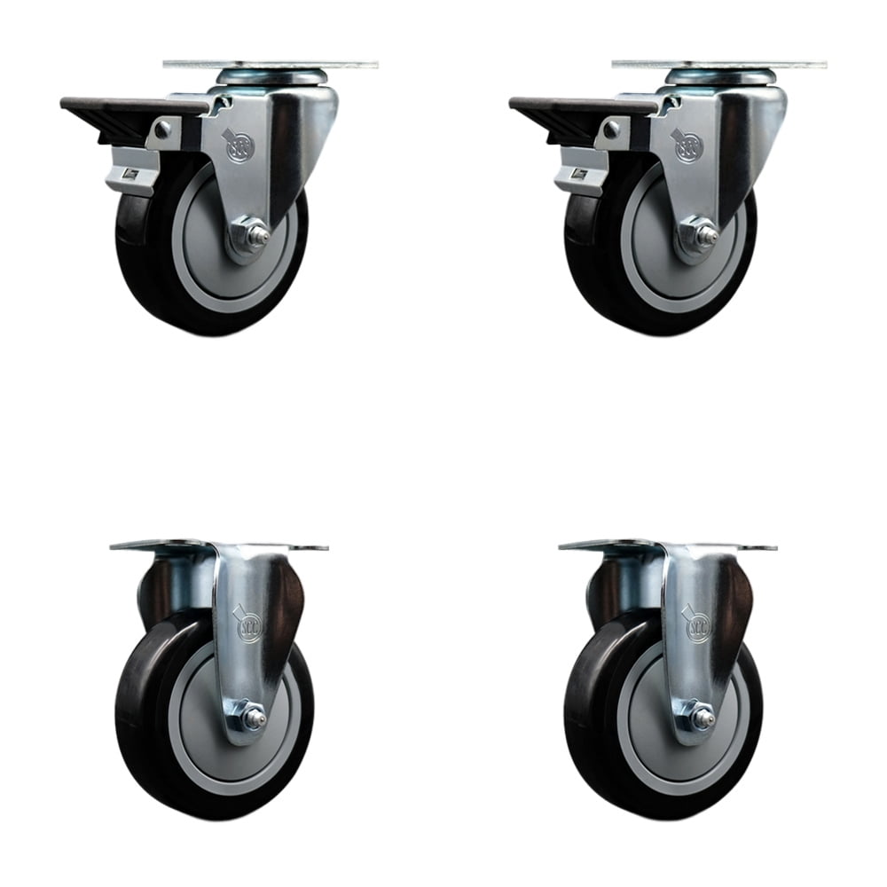 4 Inch Black Poly Wheel Swivel Top Plate Caster Set with 2 Posi Brakes ...