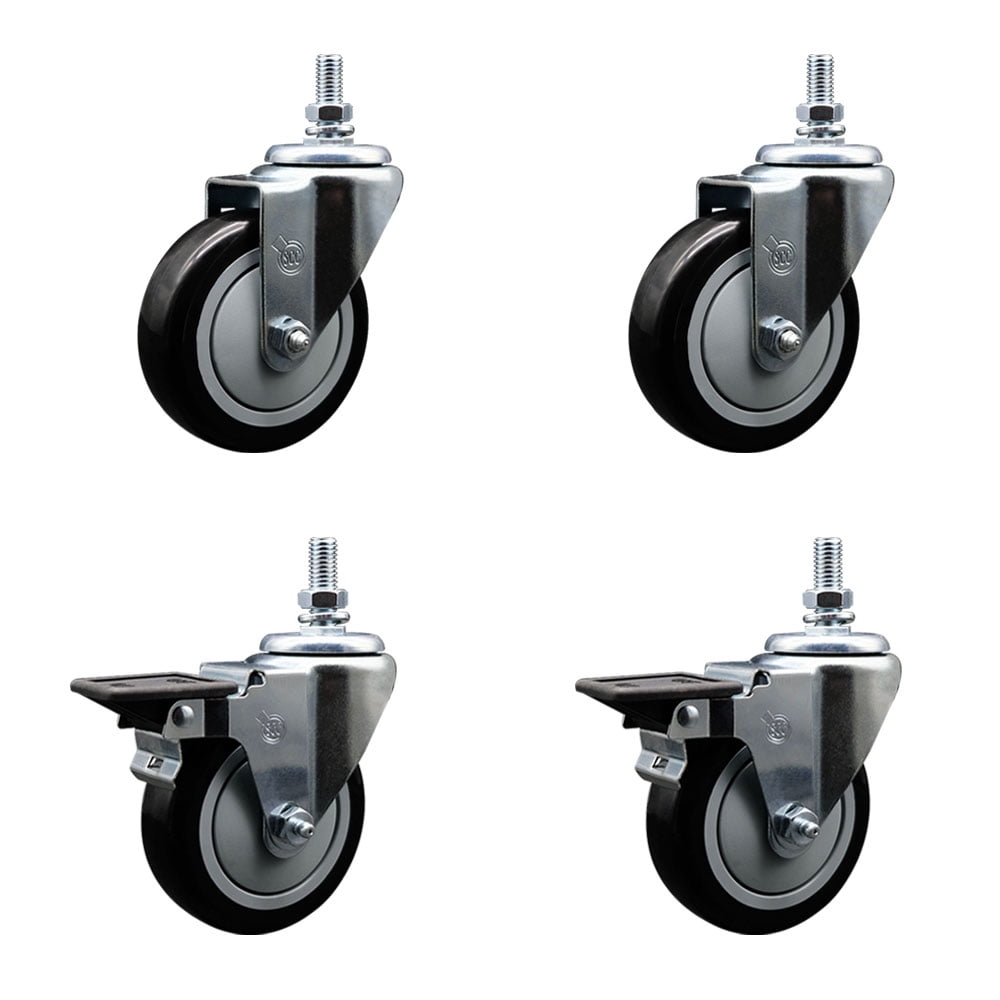 4 Inch Black Polyurethane 10MM Threaded Stem Caster Set 2 Brakes SCC ...