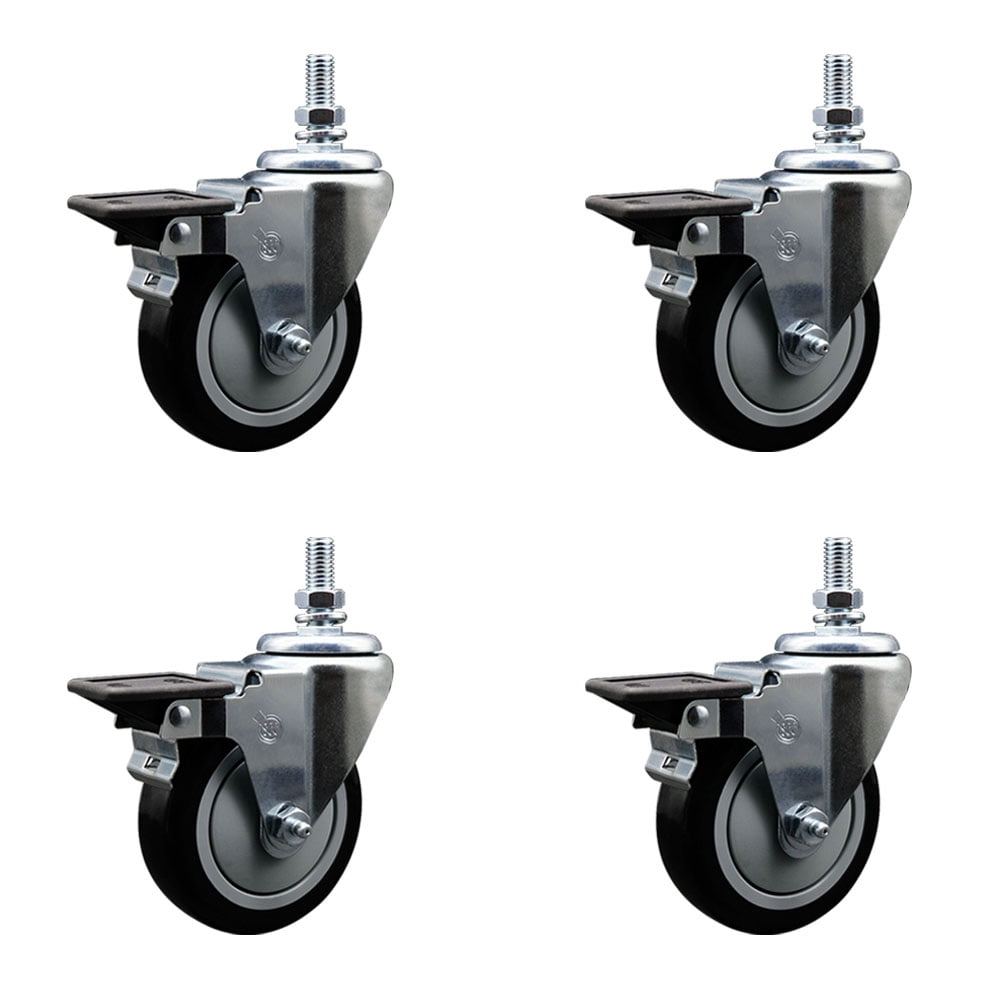 4 Inch Black Polyurethane 10MM Threaded Stem Caster Set with Brake ...