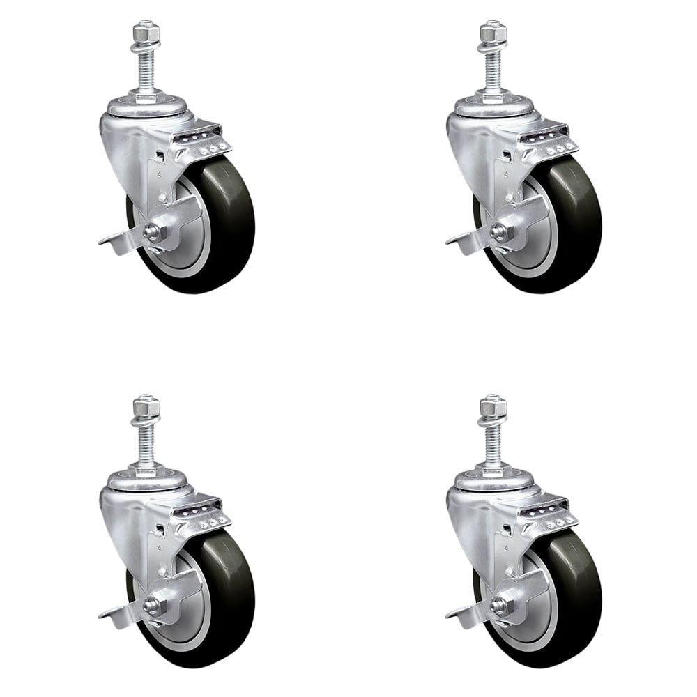 4 Inch Black Polyurethane Swivel 10mm Threaded Stem Caster Set with ...
