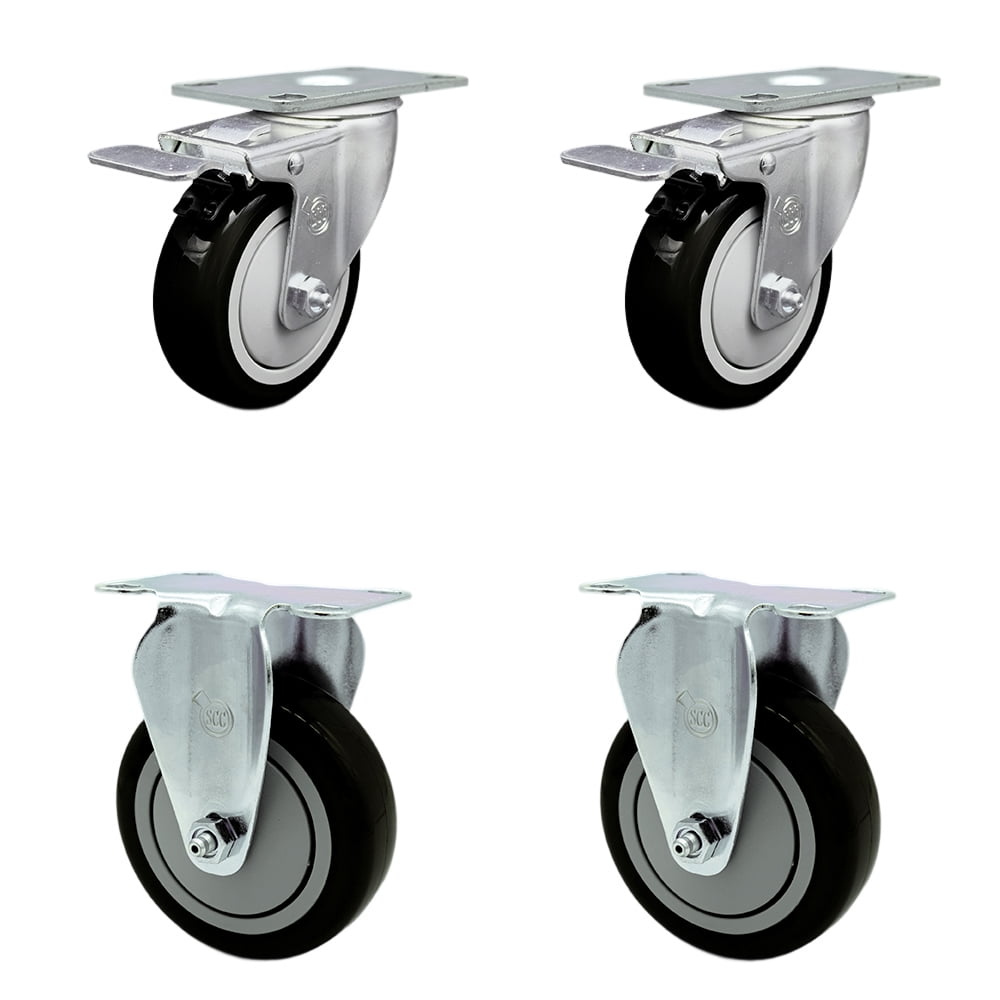 4 Inch Black Polyurethane Swivel Top Plate Caster Set 2 Lock Brakes 2 ...
