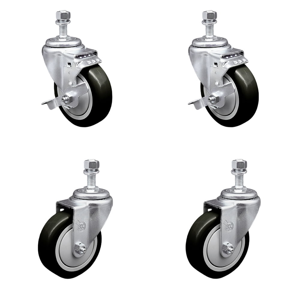 4 Inch Black Polyurethane Wheel Swivel ½ Inch Threaded Stem Caster Set ...