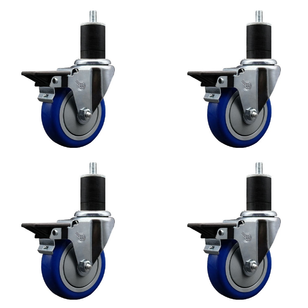 4 Inch Blue Poly Swivel 1-3/4 Inch Expanding Stem Caster Set with Brake ...
