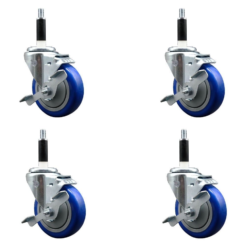 4 Inch Blue Poly Swivel 7/8 Inch Expanding Stem Caster Set with Brake ...