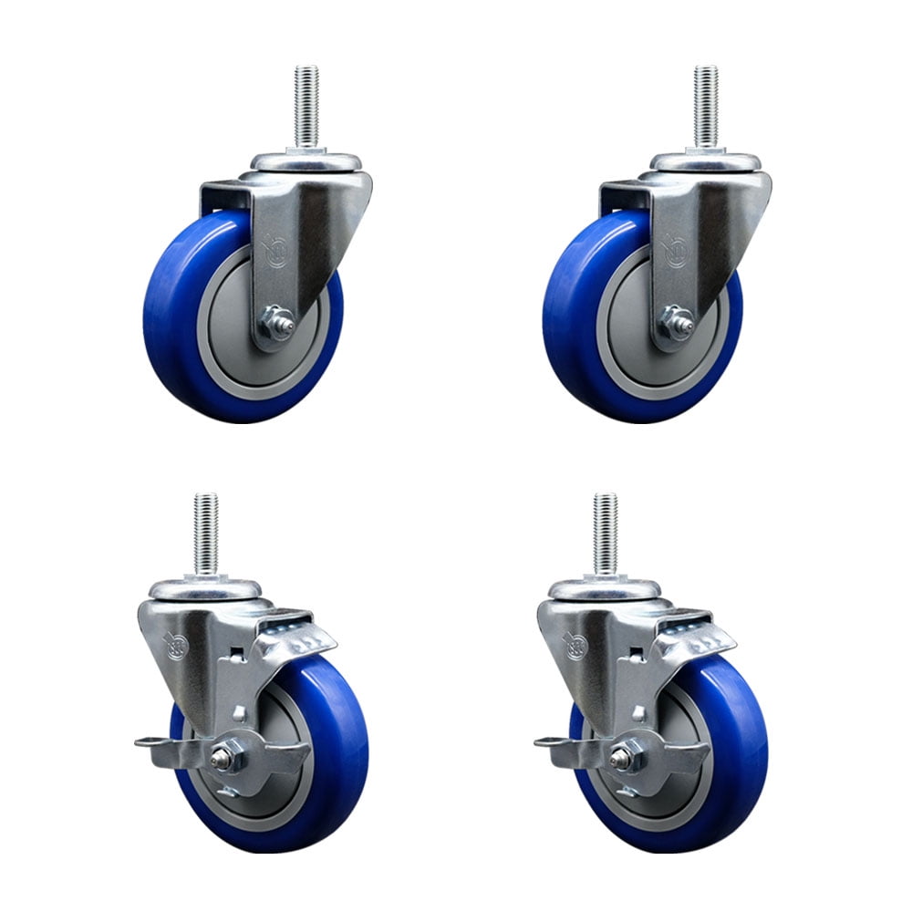 4 Inch Blue Poly Wheel Swivel 3/4 Inch Threaded Stem Caster Set 2 ...