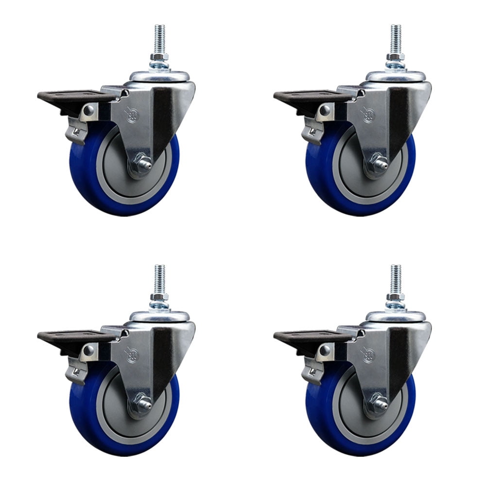 4 Inch Blue Polyurethane 3/8 Inch Threaded Stem Caster Set with Brake ...