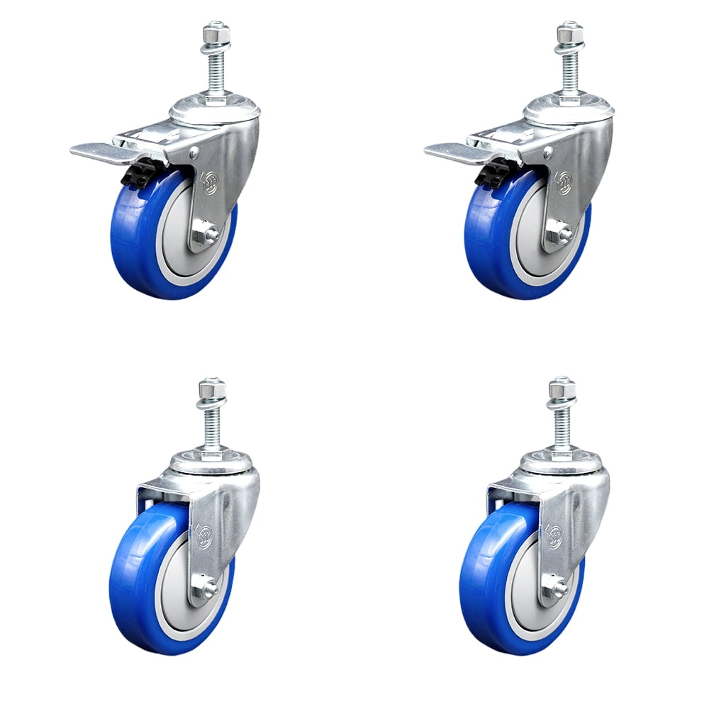 4 Inch Blue Polyurethane Swivel 3/8 Inch Stem Caster Set 2 Total Lock ...