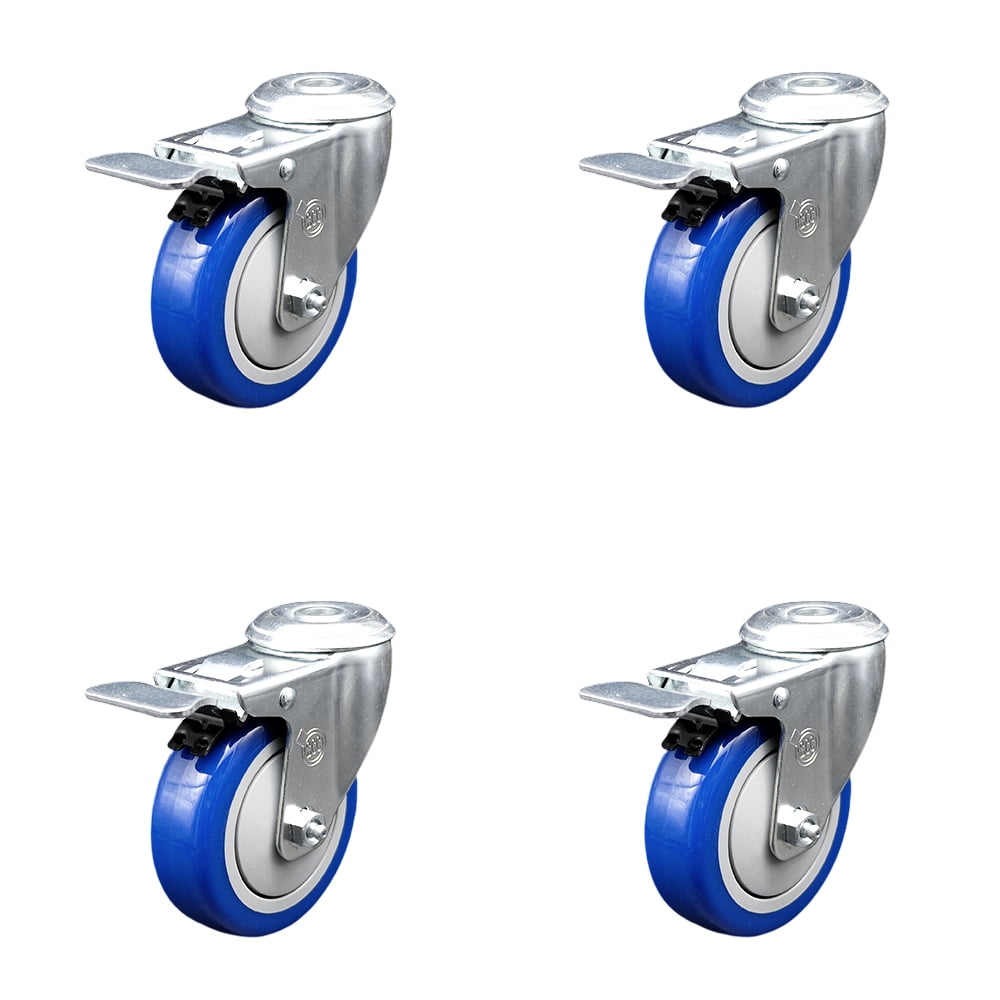 4 Inch Blue Polyurethane Swivel Bolt Hole Caster Set with Total Lock ...