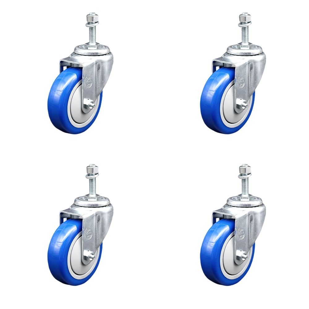 4 Inch Blue Polyurethane Wheel Swivel 3 8 Inch Threaded Stem Caster Set