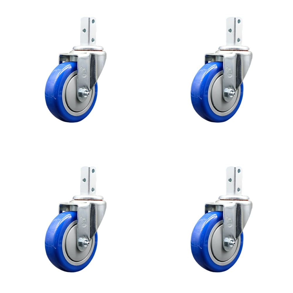4 Inch Blue Polyurethane Wheel Swivel 7/8 Inch Square Stem Caster Set ...