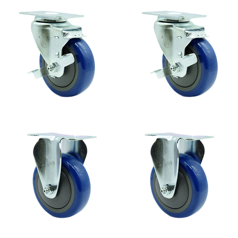 4 Inch Blue Polyurethane Wheel Swivel Top Plate Caster Set with 2 Brake ...