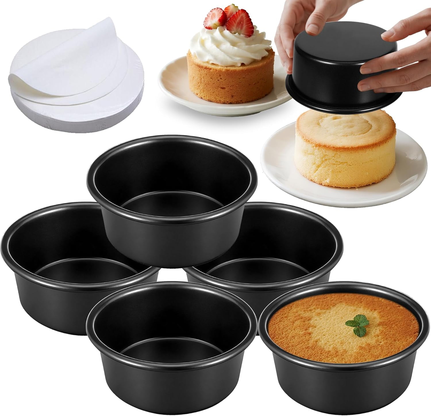4 Inch Cake Pan Set of 5, Nonstick Cheesecake Round Cake Pans with 100 ...