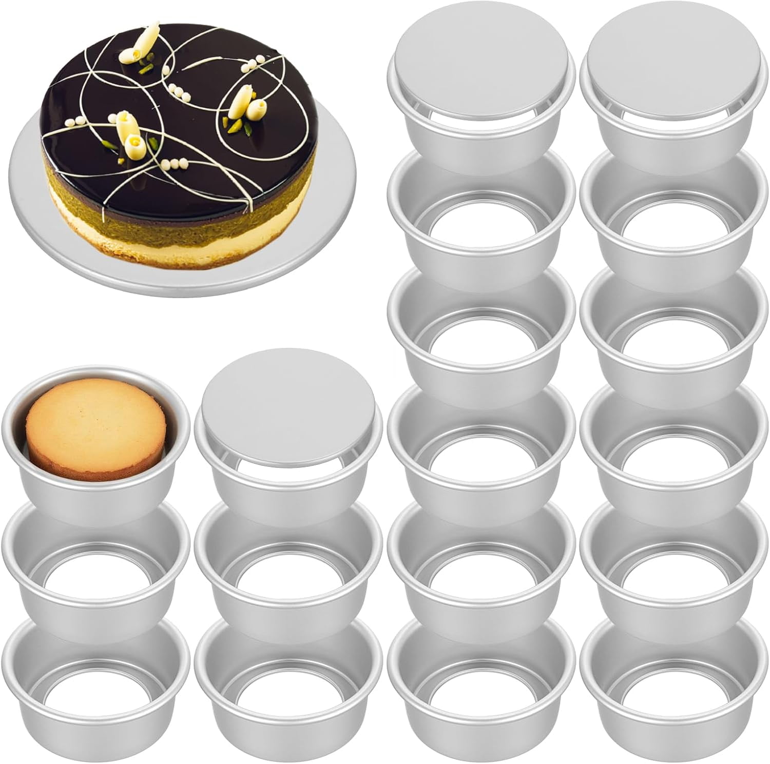 4 Inch Cake Pan Set Round, 18Pcs Aluminum Mini Flan Molds for Baking ...
