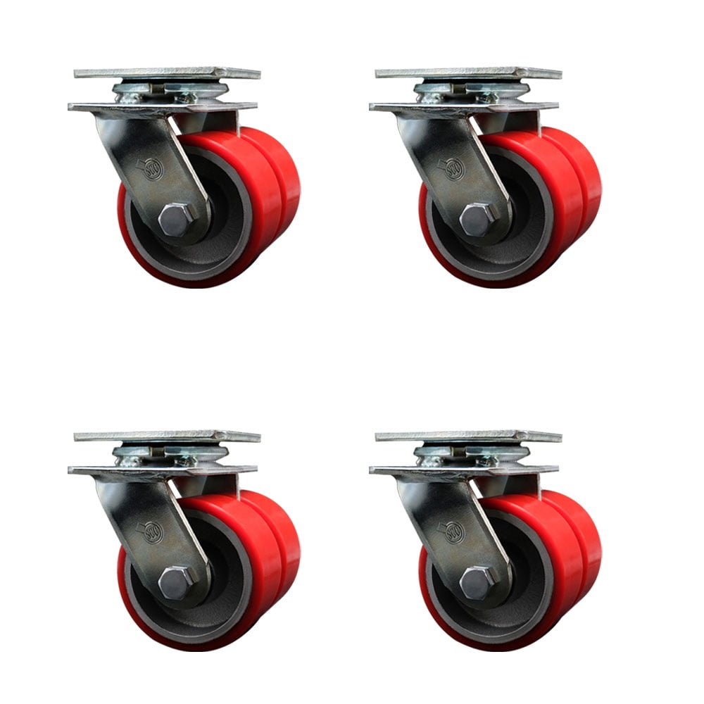 4 Inch Dual Red Poly on Cast Iron Wheels Swivel Caster Set with Roller ...