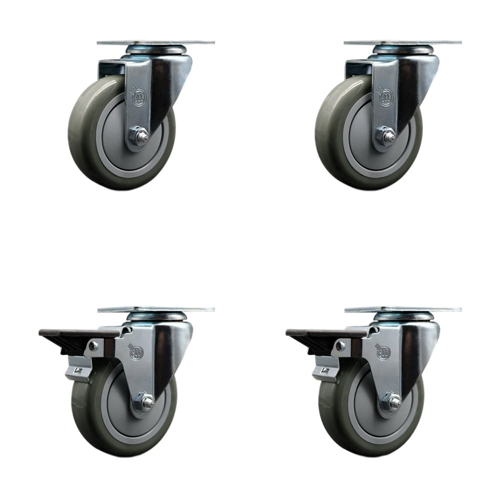 4 Inch Gray Poly Wheel Swivel Top Plate Caster Set with 2 Posi Brakes ...