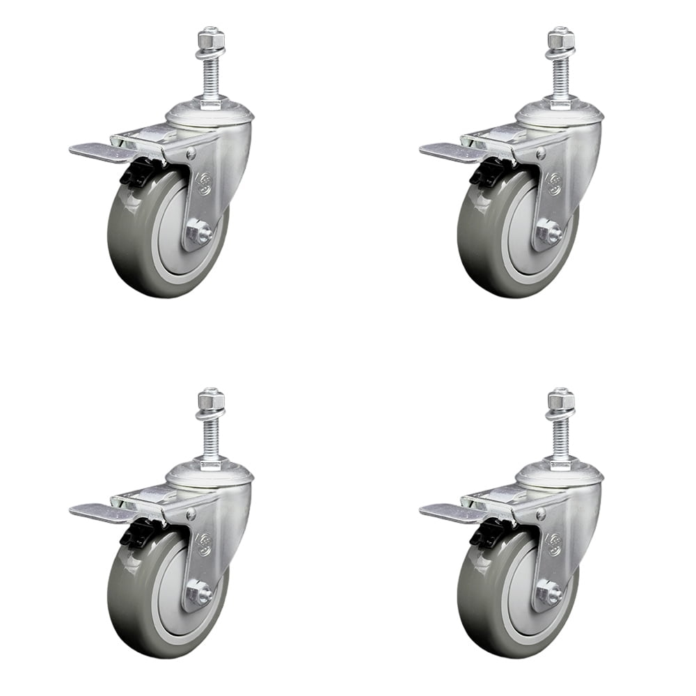 4 Inch Gray Polyurethane Swivel 10mm Stem Caster Set with Total Lock ...