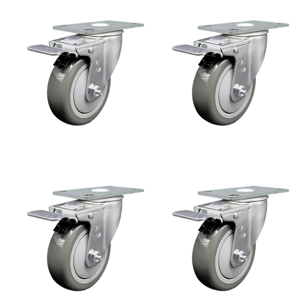 4 Inch Gray Polyurethane Swivel Top Plate Caster Set with Total Lock ...