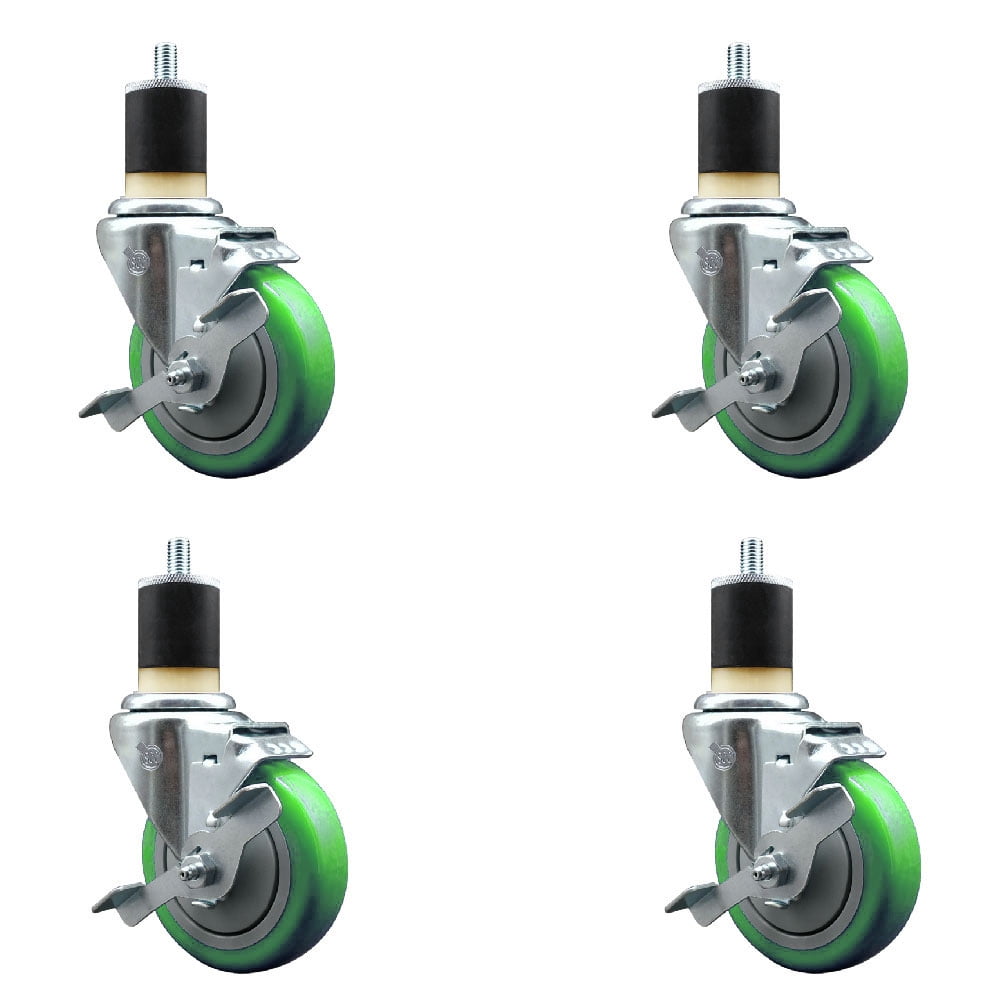 4 Inch Green Poly Swivel 1-7/8 Inch Expanding Stem Caster Set with ...