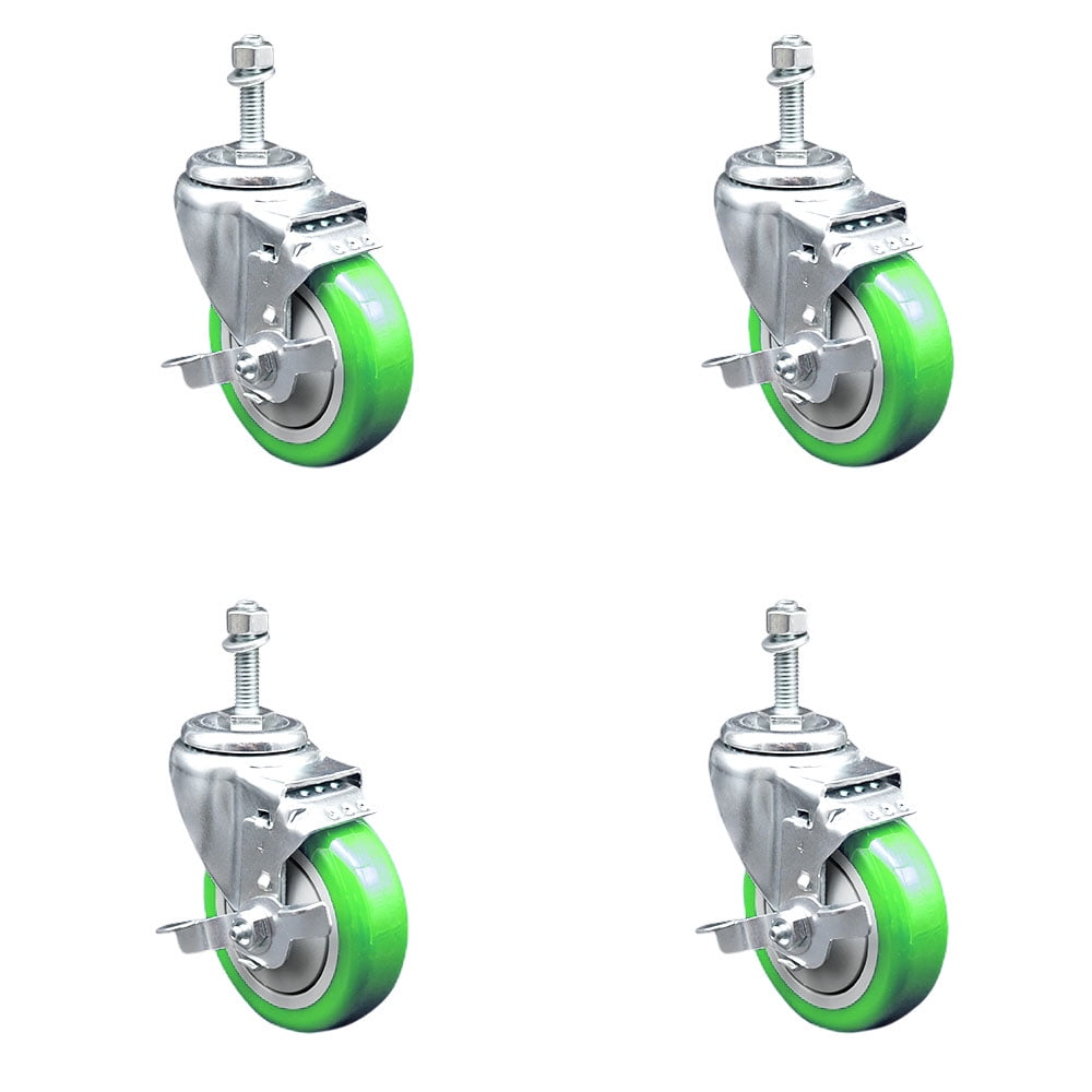 4 Inch Green Poly Swivel 3/8 Inch Threaded Stem Caster Set with Brake ...