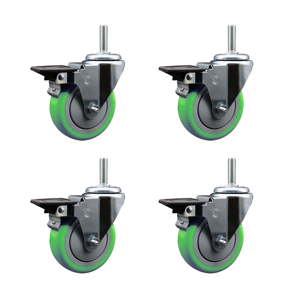 4 Inch Green Poly Wheel Swivel 3/4 Inch Threaded Stem Caster Set with ...