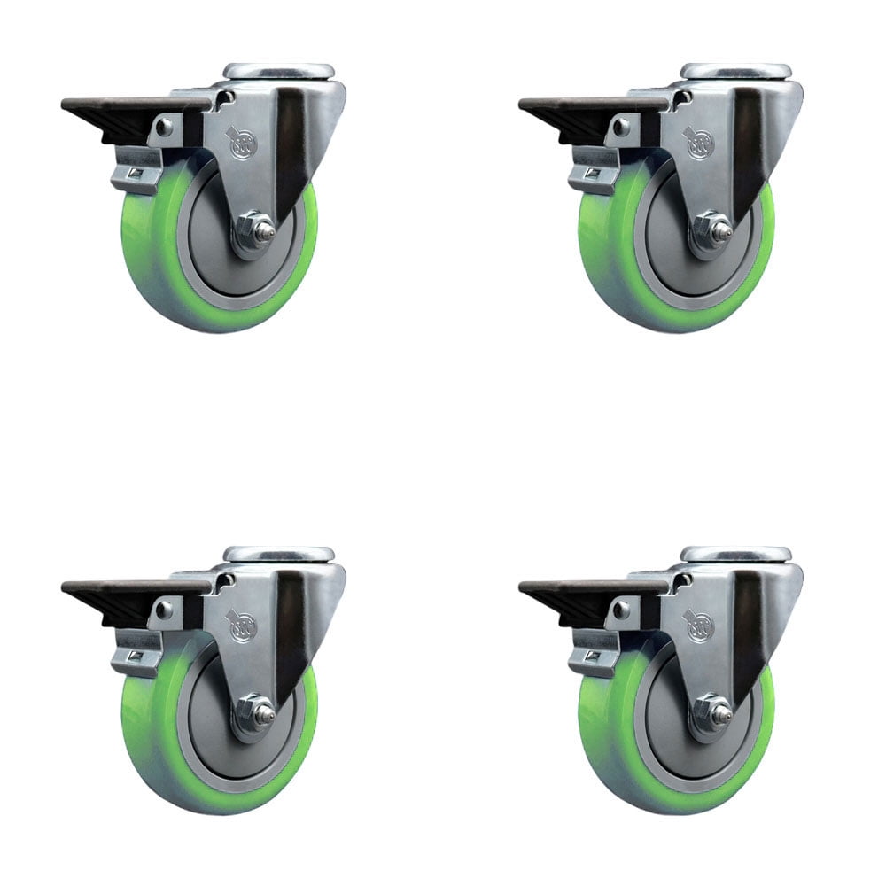 4 Inch Green Poly Wheel Swivel Bolt Hole Caster Set with Posi Lock ...