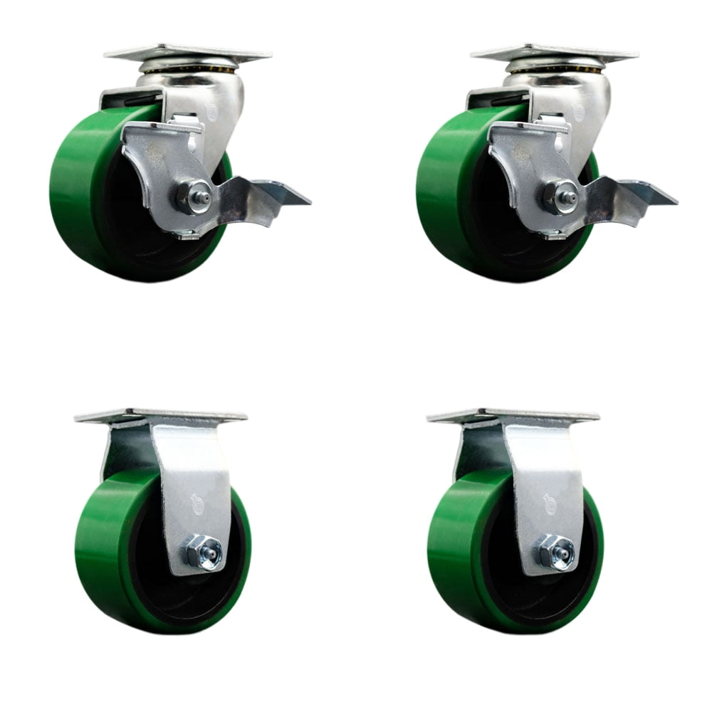 4 Inch Green Poly on Cast Iron Caster Set with Ball Bearings 2 Brakes 2 ...