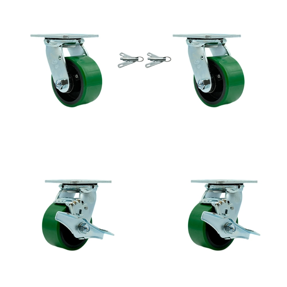 4 Inch Green Poly on Steel Caster Set with Ball Bearings 2 Swivel Lock ...