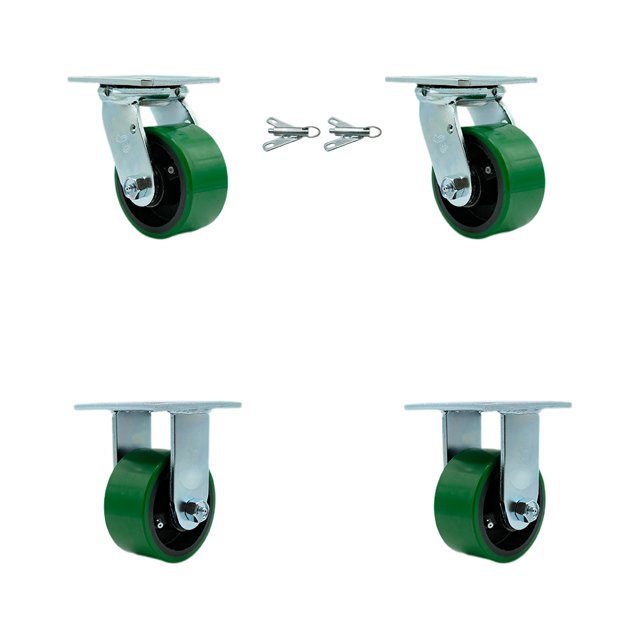 4 Inch Green Poly on Steel Caster Set with Ball Bearings 2 Swivel Lock ...