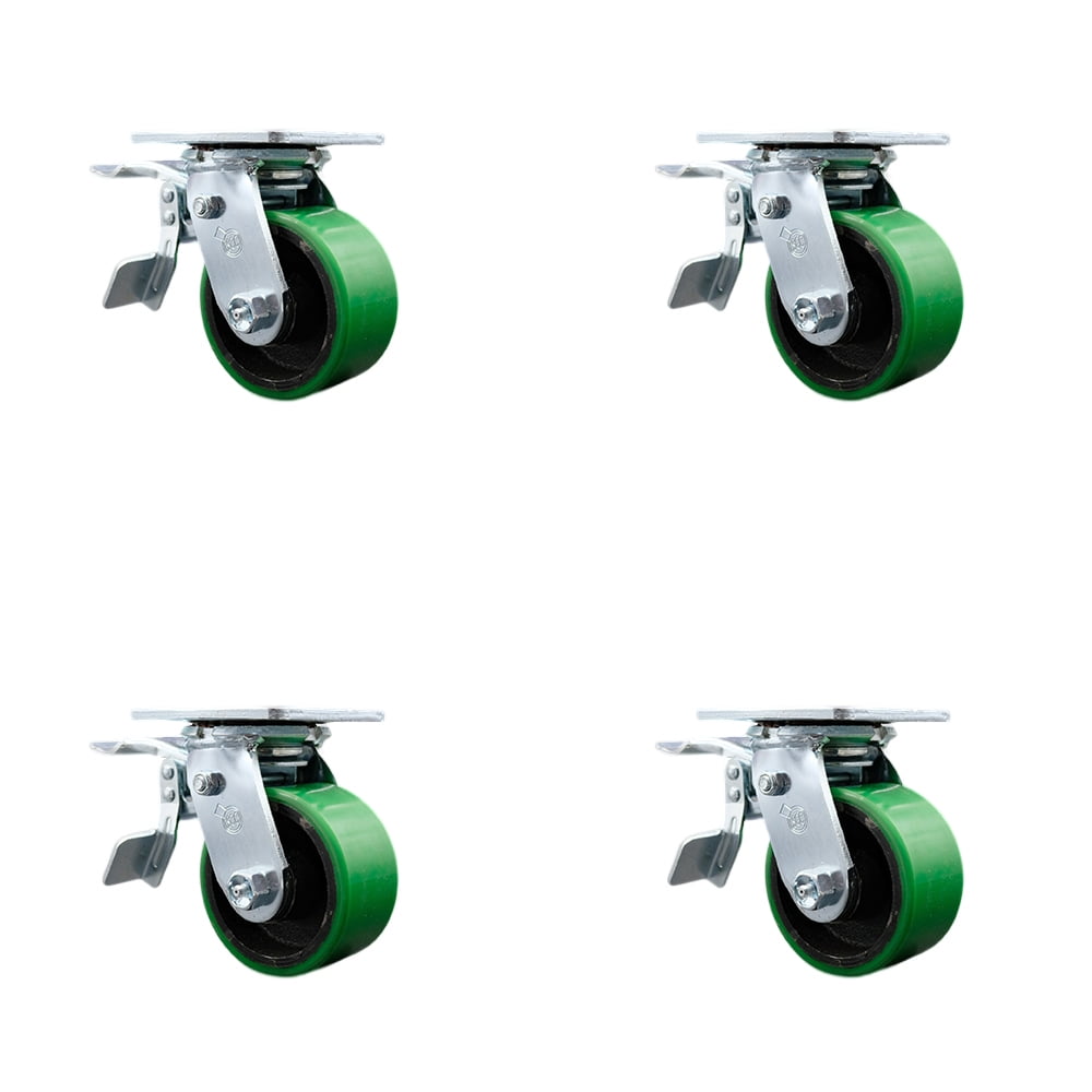 4 Inch Green Poly on Steel Caster Set with Roller Bearing and Total ...