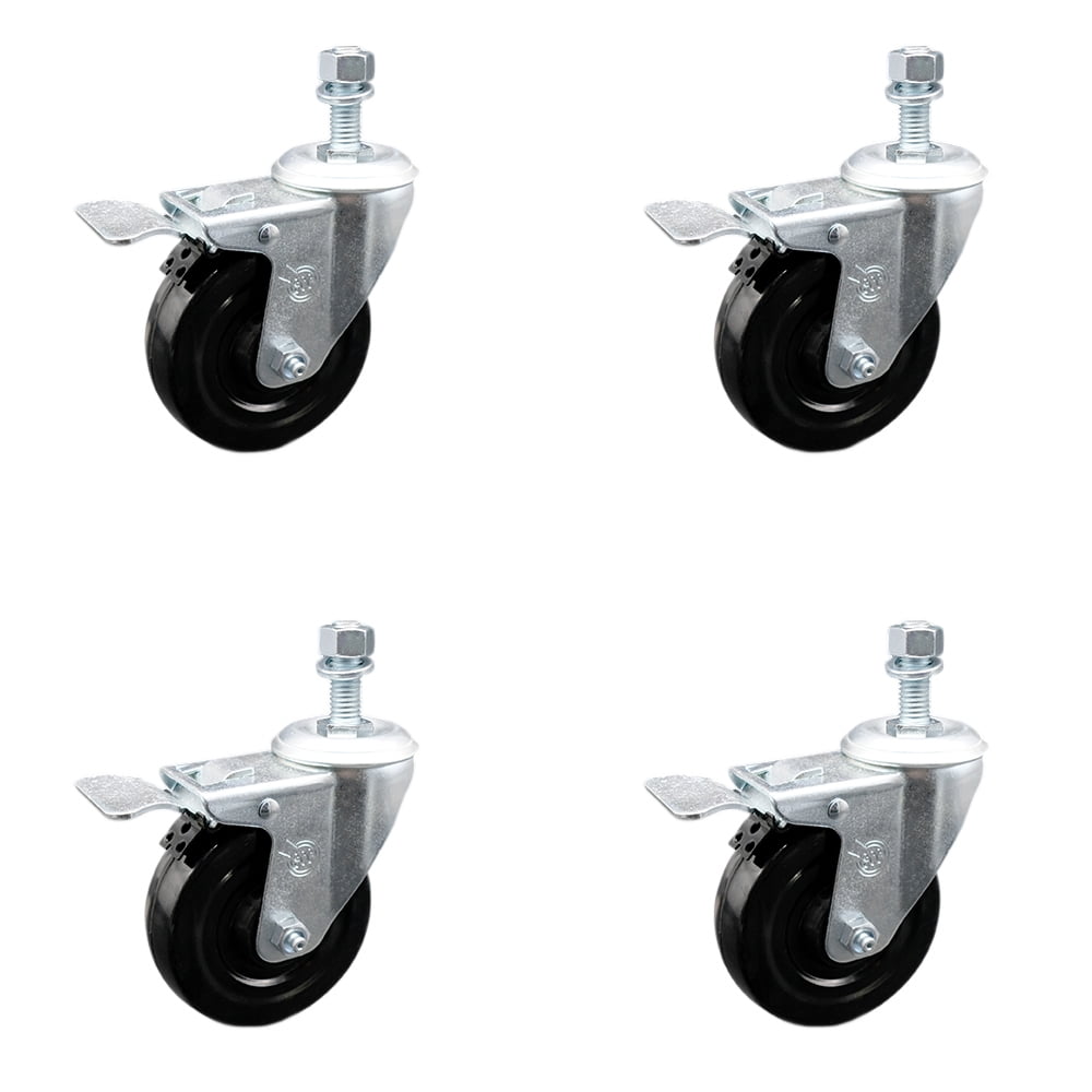 4 Inch Hard Rubber Swivel 10mm Threaded Stem Caster Set Total Lock ...