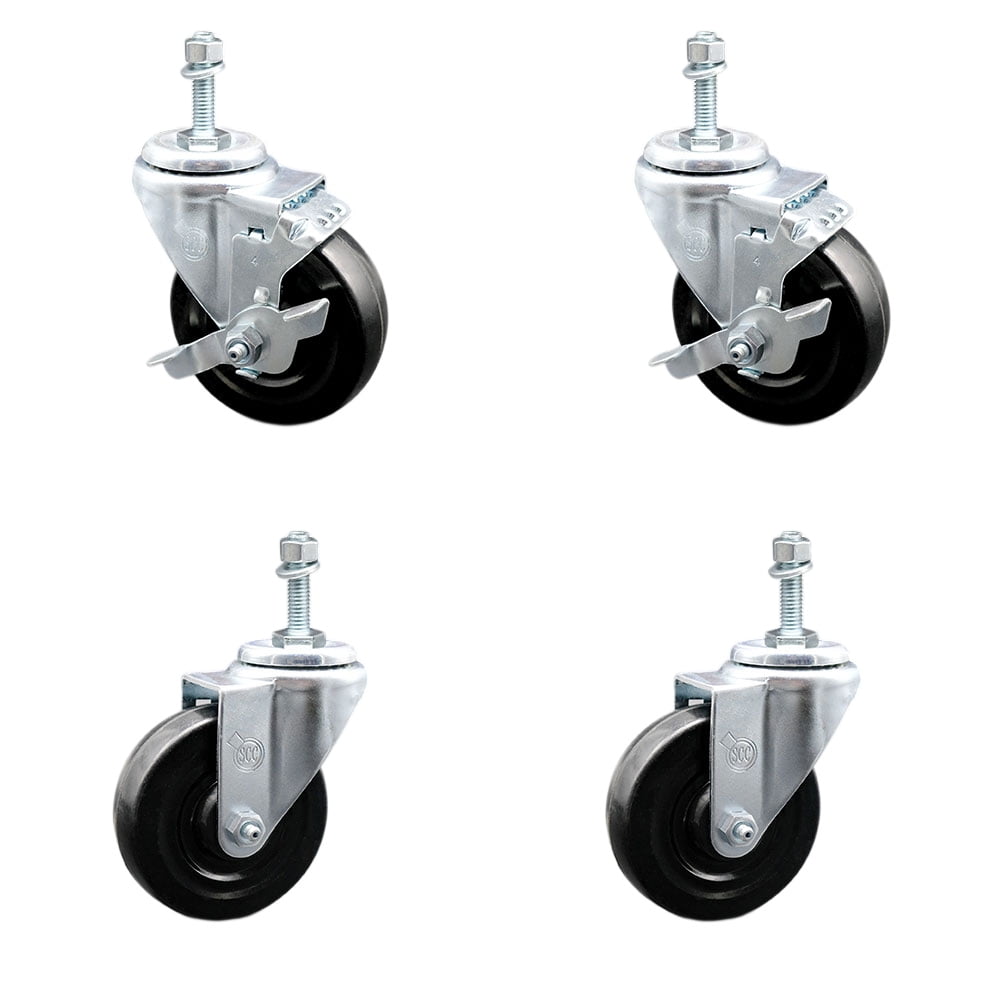 4 Inch Hard Rubber Wheel Swivel 3/8 Inch Threaded Stem Caster Set 2 ...