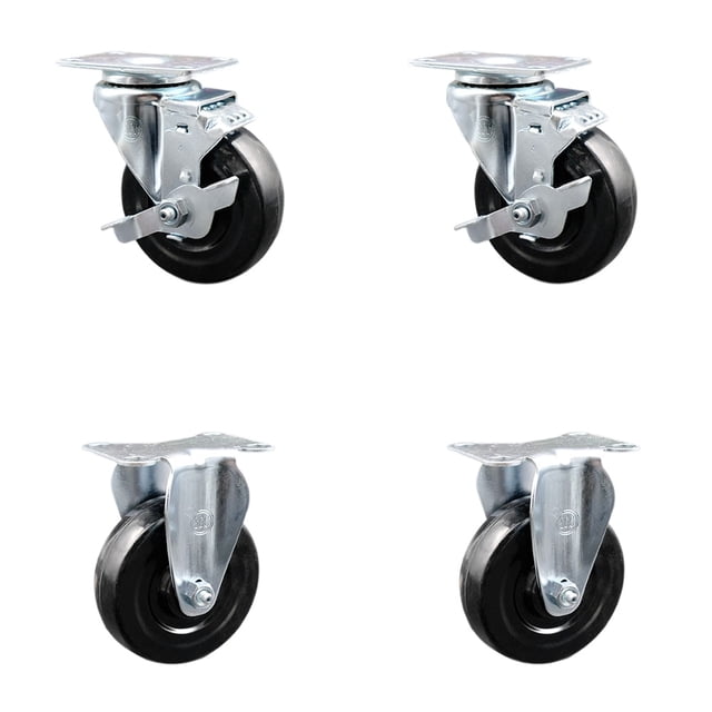 4 Inch Hard Rubber Wheel Swivel Top Plate Caster Set with 2 Brake 2 ...