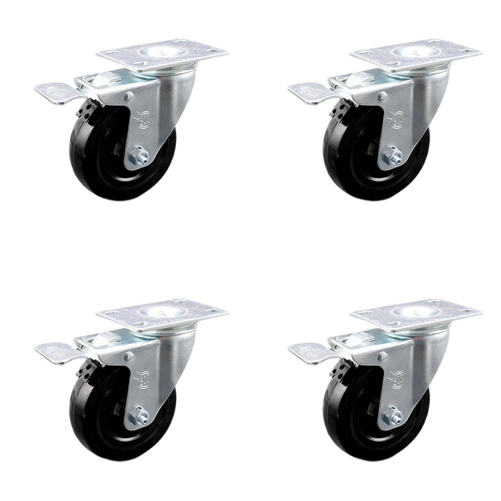 4 Inch Hard Rubber Wheel Swivel Top Plate Caster Set with Total Lock ...