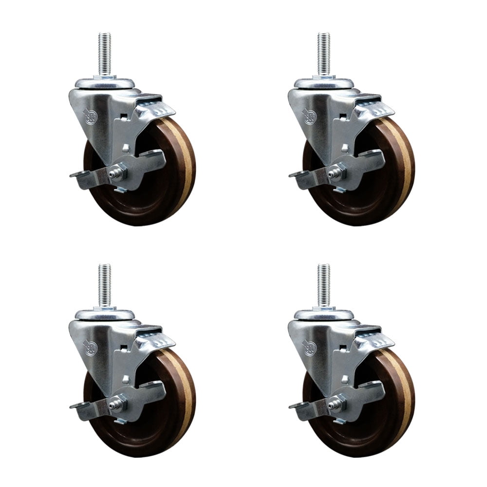 4 Inch High Temp Phenolic 3/4 Inch Threaded Stem Caster Set with Brake ...