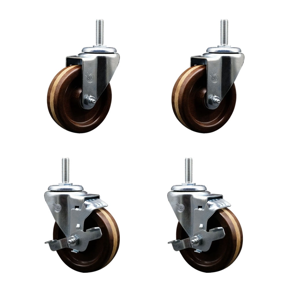 4 Inch High Temp Phenolic 5/8 Inch Threaded Stem Caster Set 2 Brakes ...