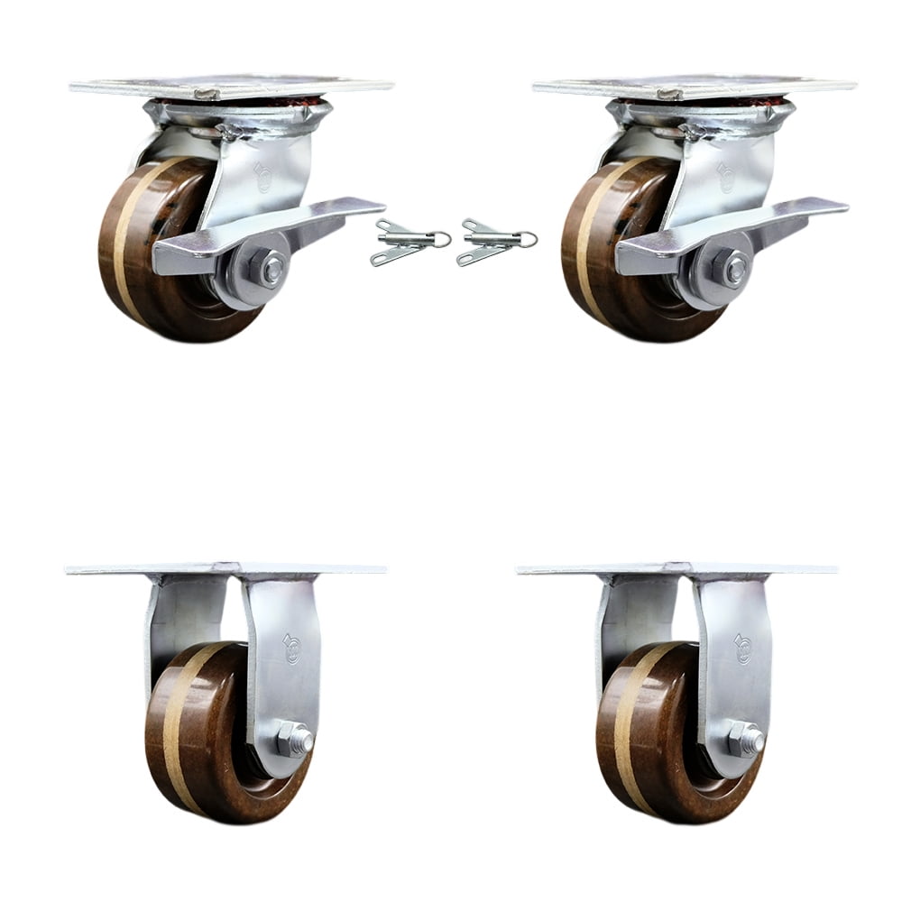 4 Inch High Temp Phenolic Caster Set 2 Brakes/Swivel Locks and 2 Rigid ...