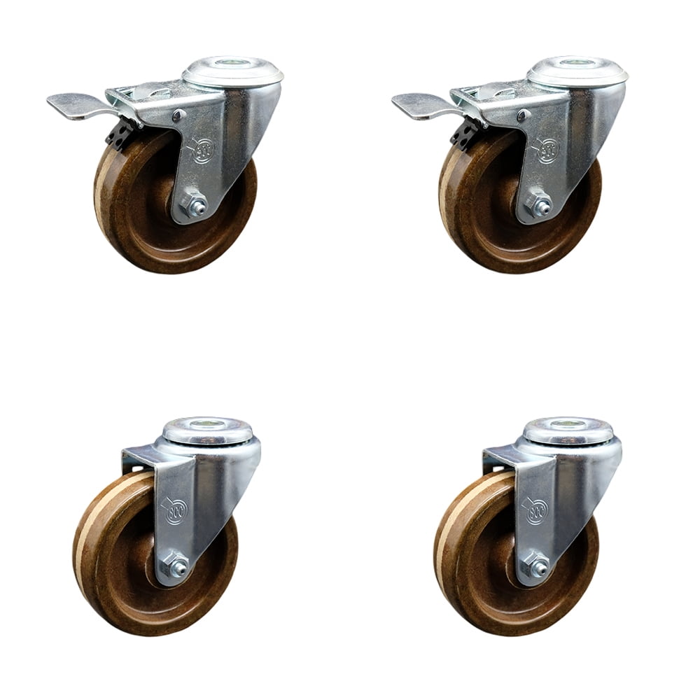 4 Inch High Temp Phenolic Swivel Bolt Hole Caster Set with 2 Total Lock ...