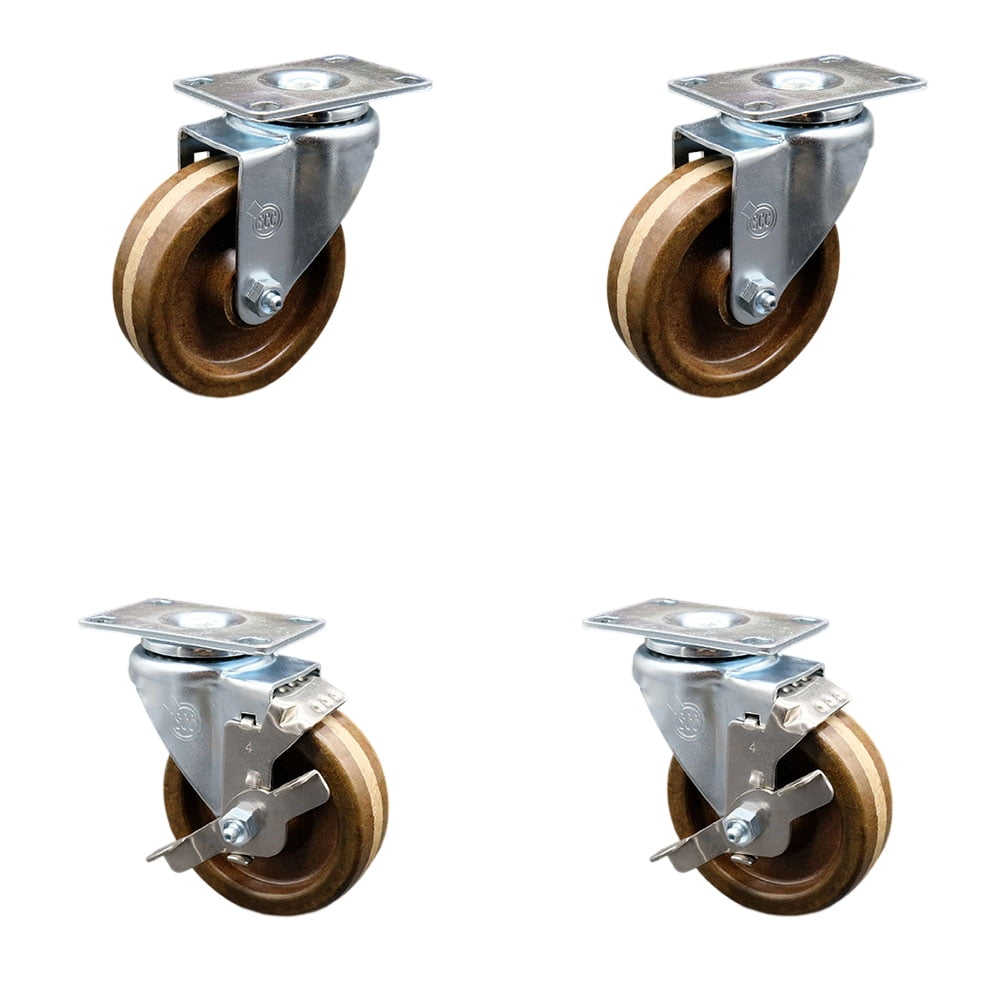 4 Inch High Temp Phenolic Wheel Swivel Top Plate Caster Set with 2 ...