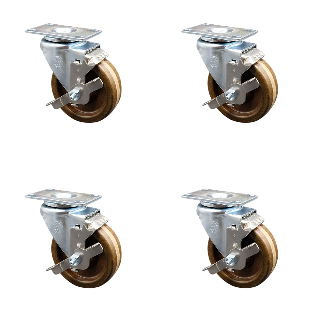 4 Inch High Temp Phenolic Wheel Swivel Top Plate Caster Set with Brake ...