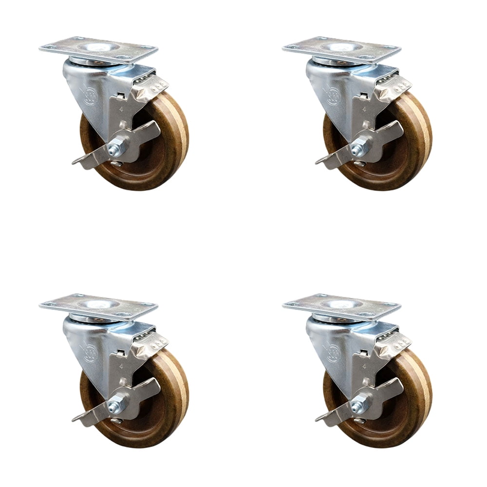 4 Inch High Temp Phenolic Wheel Swivel Top Plate Caster Set with Brake ...