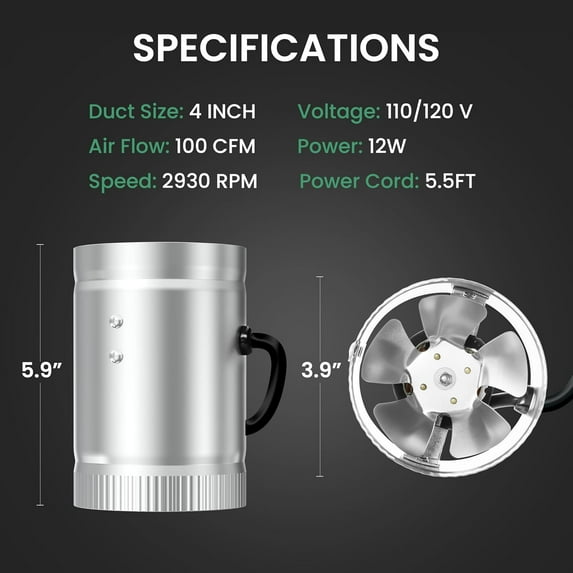 4 Inch Inline Booster Duct Fan 100 CFM HVAC Exhaust Ventilation Blower ...