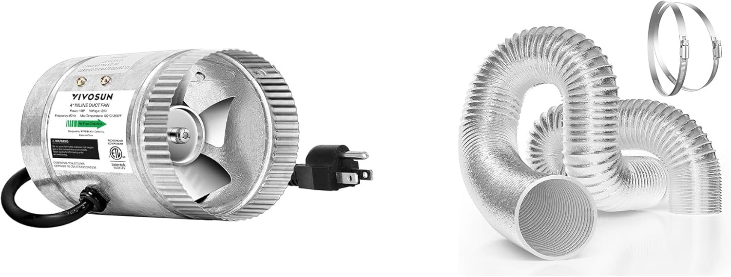 4 Inch Inline Duct Fan 100 CFM and 4 Inch 16 Feet Non-Insulated Flex ...