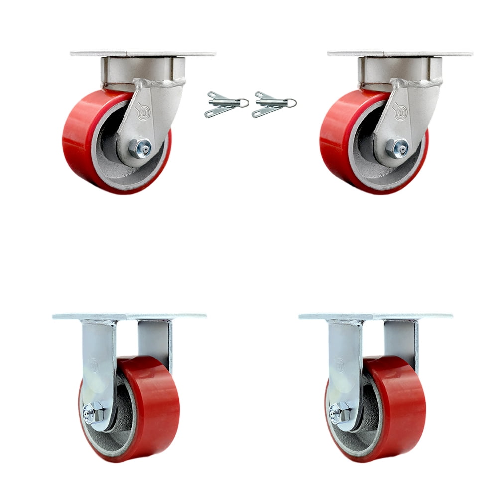 4 Inch KP Red Poly on Cast Iron Caster Set w/Ball Bearings 2 Swivel ...