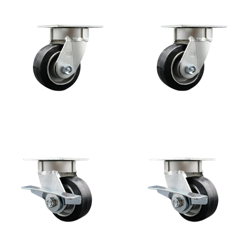 4 Inch KP Rubber on Aluminum Swivel Caster Set with Ball Bearings 2 ...